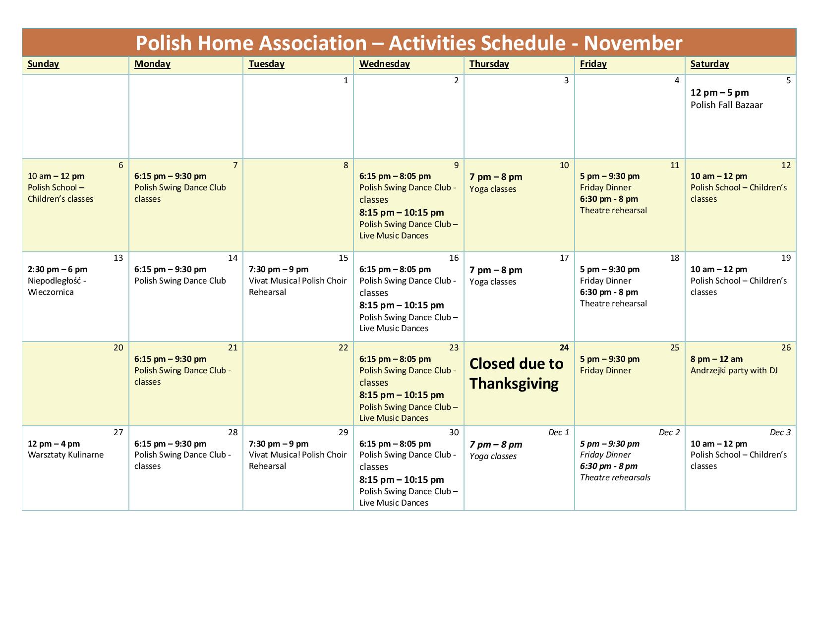Activities Schedule – November & December 2022 – Polish Home Association